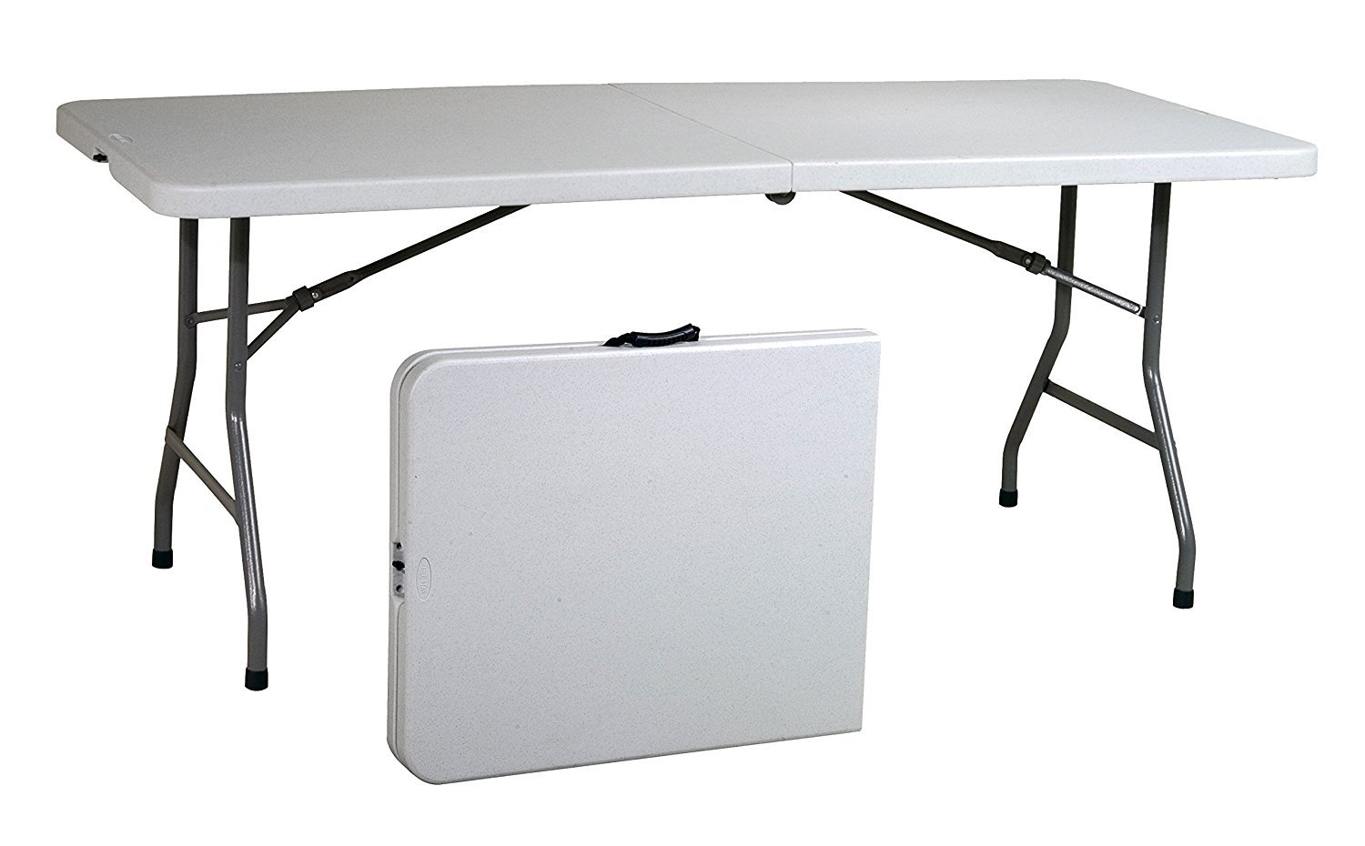 Ontario Furniture 6 Foot Plastic Folding Table - Folds in Half with Carrying Handle Rectangular - Lightweight and Portable - White Resin with Sturdy Steel Frame