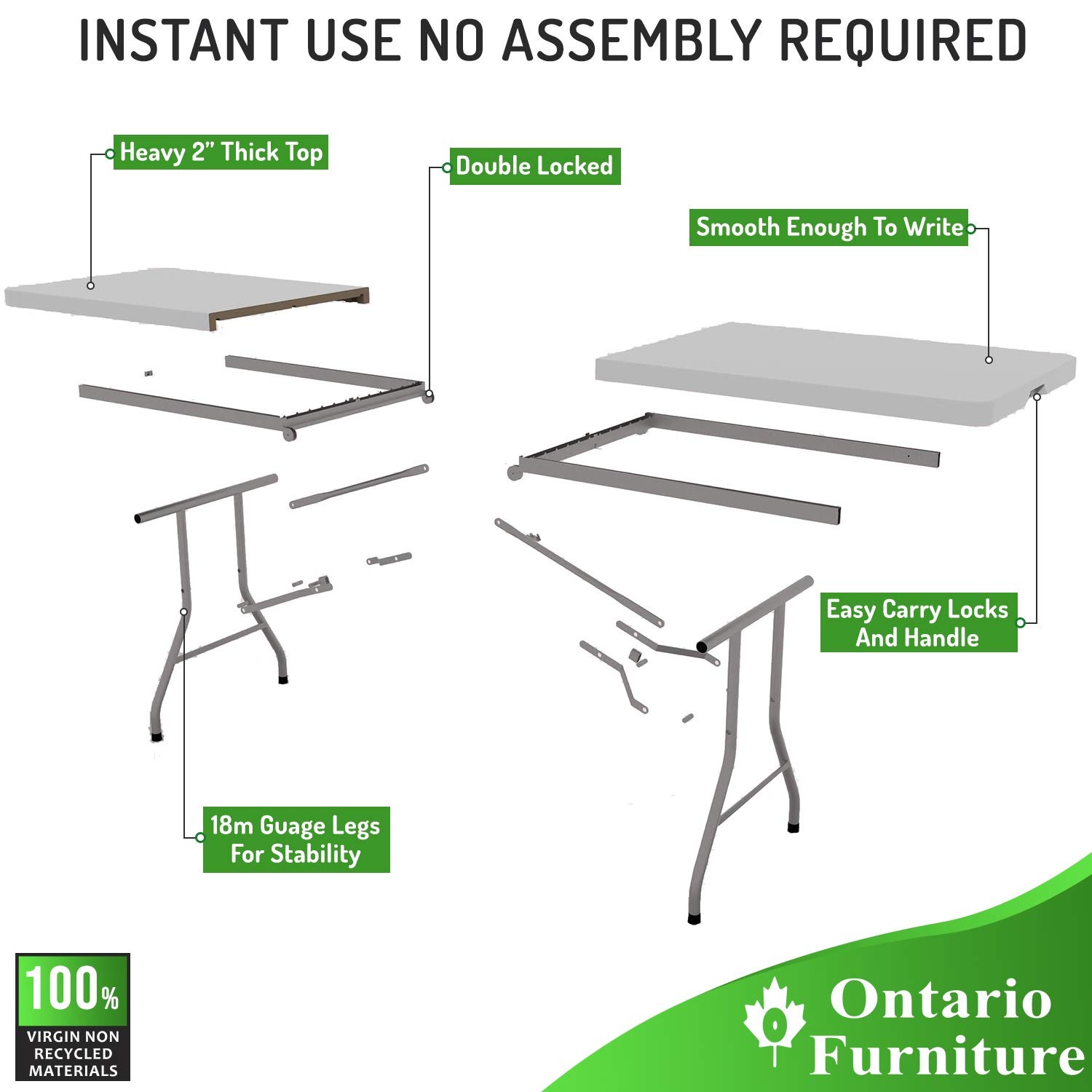 Ontario Furniture 6 Foot Plastic Folding Table - Folds in Half with Carrying Handle Rectangular - Lightweight and Portable - White Resin with Sturdy Steel Frame