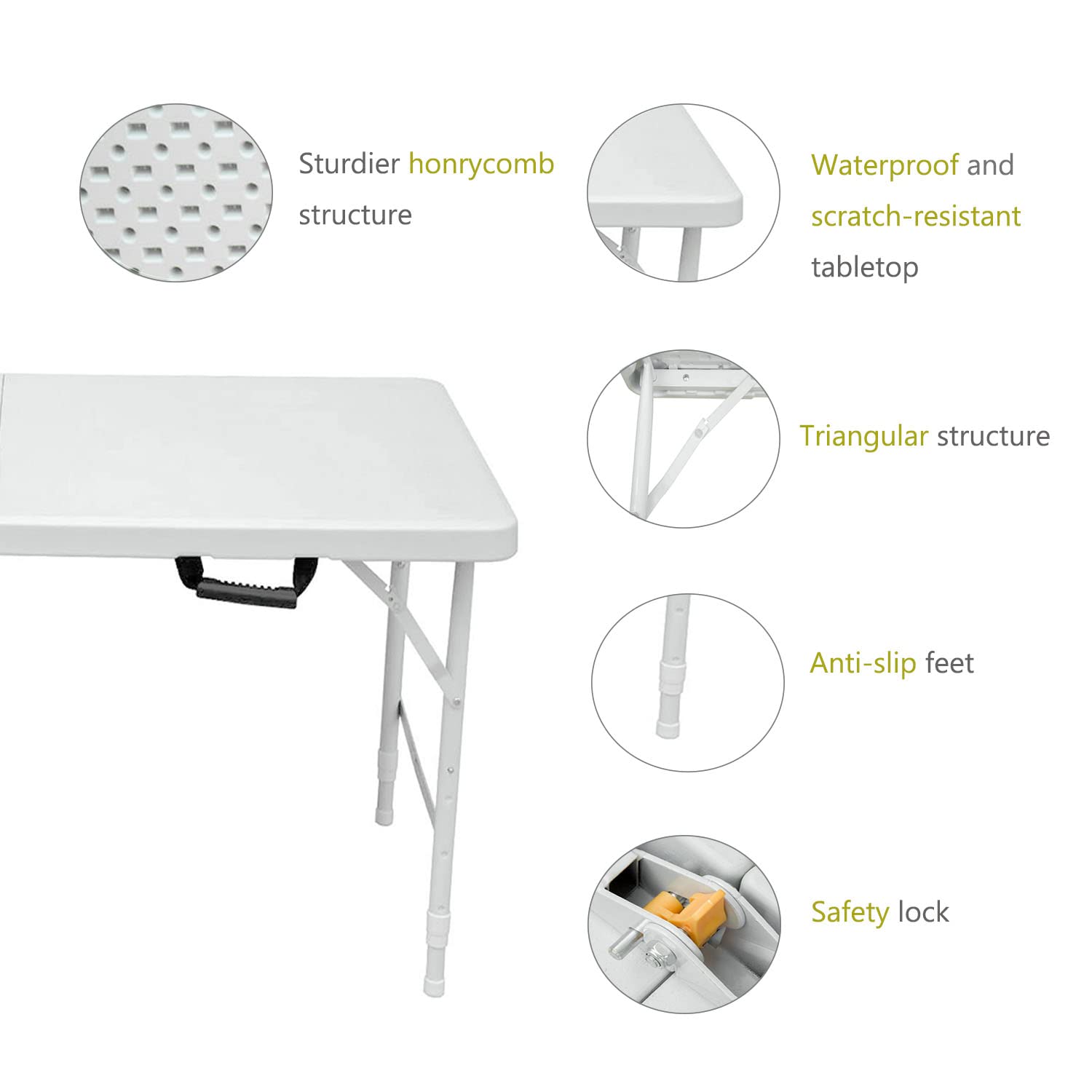 LSKSSNG 4 Ft Portable Folding Table, Heavy Duty Plastic Fold-in-Half Utility Foldable Table Small Indoor/Outdoor, Adjustable Height Plastic Folding Table with Carrying Handle for Camping and Party