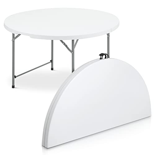 MoNiBloom 4Ft Round Folding Table, Indoor Outdoor Plastic Dining Card Table with Handle and Lock for Picnic Party Banquet Wedding, White