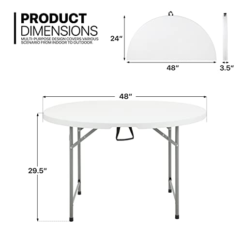 MoNiBloom 4Ft Round Folding Table, Indoor Outdoor Plastic Dining Card Table with Handle and Lock for Picnic Party Banquet Wedding, White