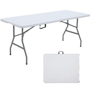 anjong anj 6ft dining table, foldable plastic utility table, indoor outdoor camping, picnics and parties, white, load capacity 330 lbs