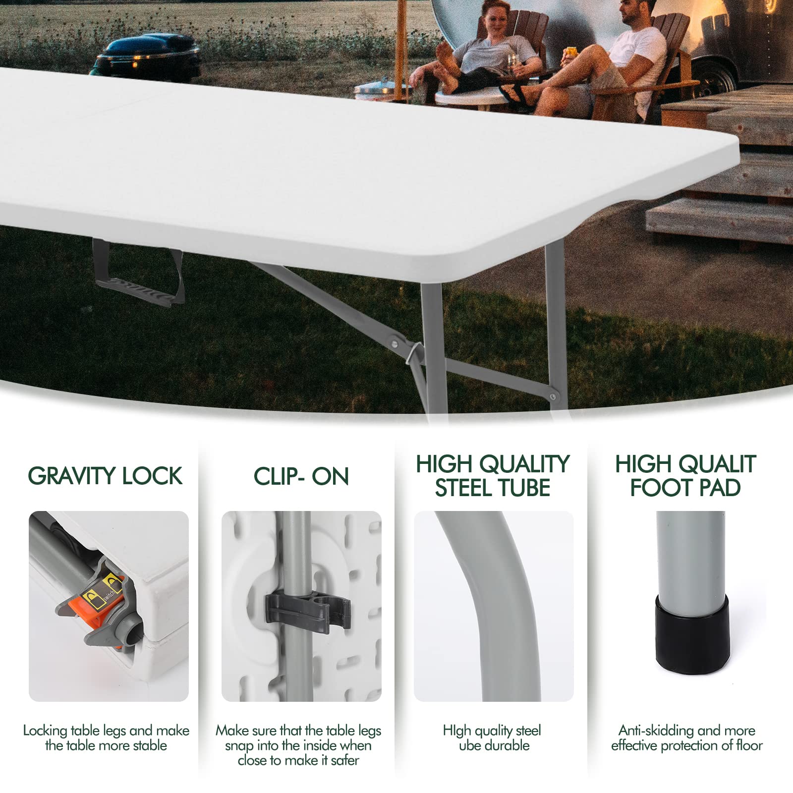 EDEBIBY Folding Table 6-Foot Portable Heavy Duty Plastic Fold-in-Half Utility Foldable Table Plastic Dining Table,Indoor Outdoor for Camping, Picnic and Party,White180