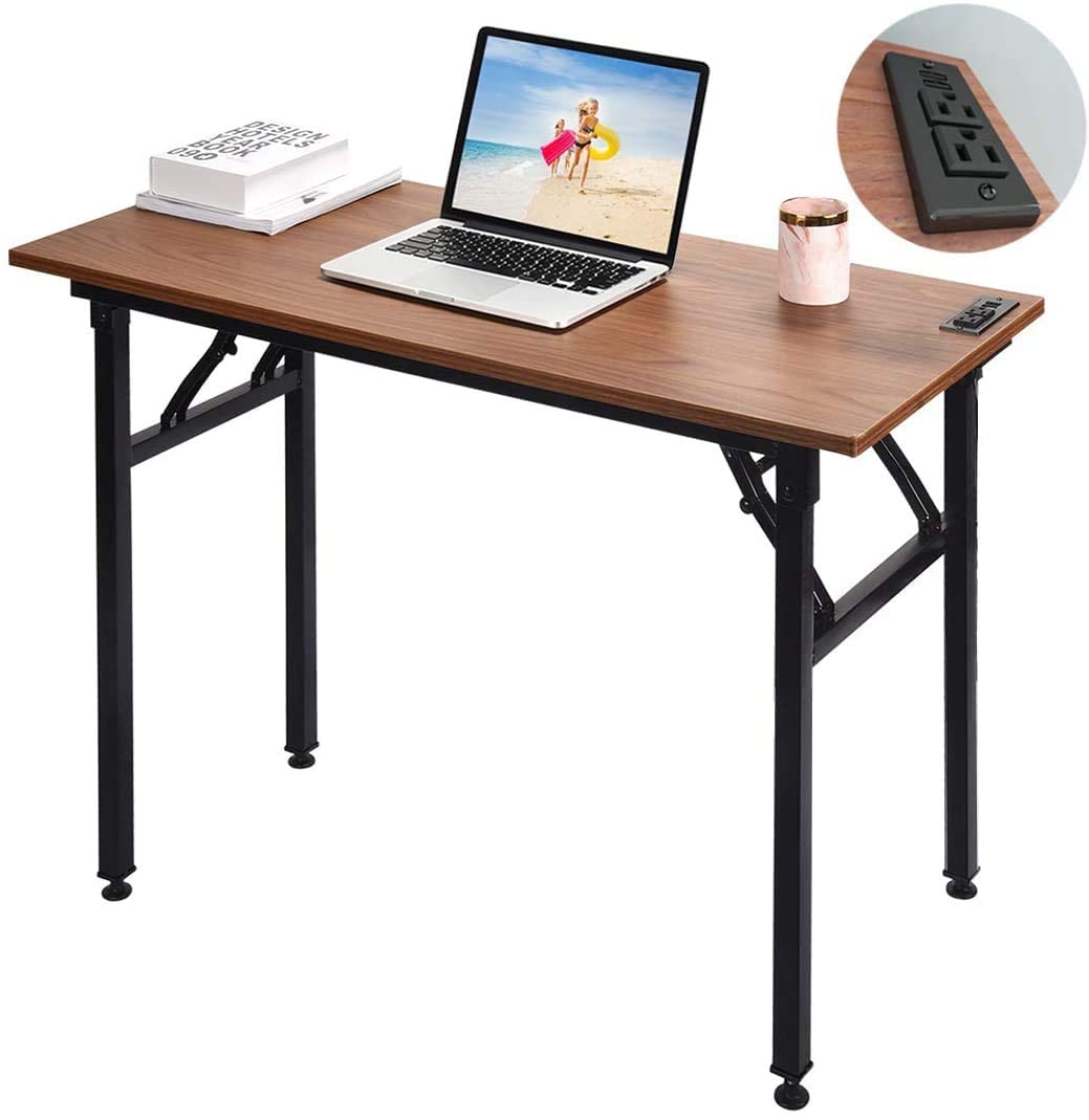 Frylr Small Foldable Desk 43.3''X 19.6''X 29.5'',Foldable Table with 2 Power Sockets and 2.1A USB Charging Ports, Folding Computer Desk for Home Office, No Install Needed, Walnut + Black Leg