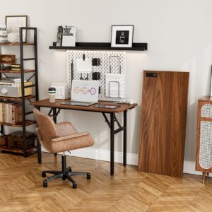 Frylr Small Foldable Desk 43.3''X 19.6''X 29.5'',Foldable Table with 2 Power Sockets and 2.1A USB Charging Ports, Folding Computer Desk for Home Office, No Install Needed, Walnut + Black Leg