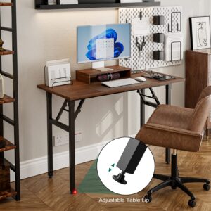 Frylr Small Foldable Desk 43.3''X 19.6''X 29.5'',Foldable Table with 2 Power Sockets and 2.1A USB Charging Ports, Folding Computer Desk for Home Office, No Install Needed, Walnut + Black Leg