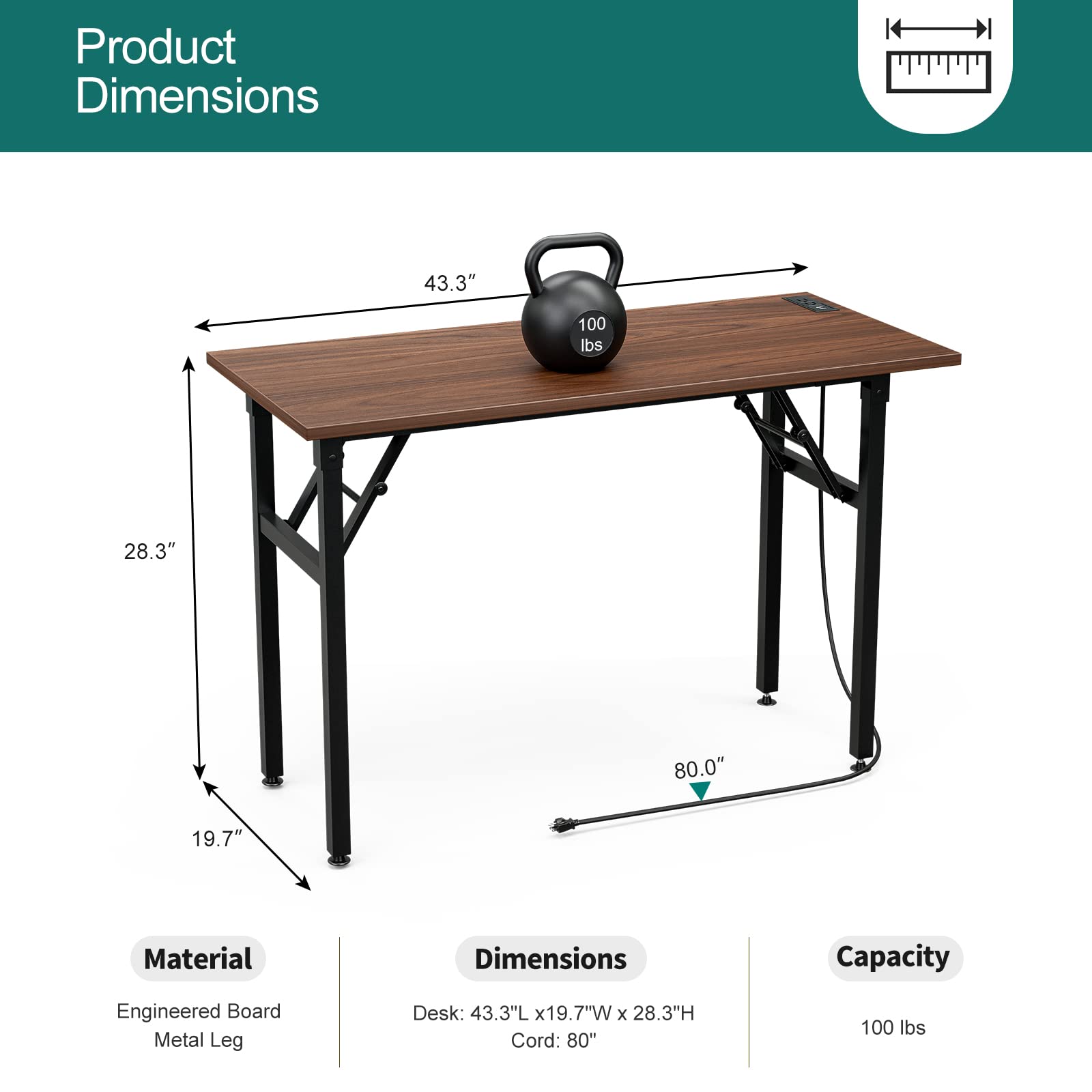 Frylr Small Foldable Desk 43.3''X 19.6''X 29.5'',Foldable Table with 2 Power Sockets and 2.1A USB Charging Ports, Folding Computer Desk for Home Office, No Install Needed, Walnut + Black Leg