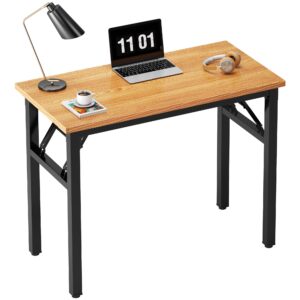 need small computer desk 31.5 inches folding table no assembly sturdy small writing desk folding desk for small spaces, teak color desktop and black steel frame