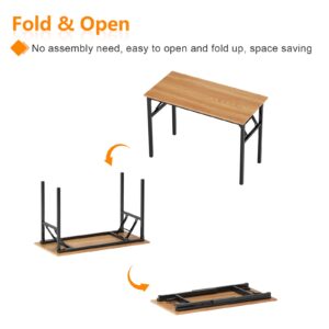 Need Small Computer Desk 31.5 inches Folding Table No Assembly Sturdy Small Writing Desk Folding Desk for Small Spaces, Teak Color Desktop and Black Steel Frame