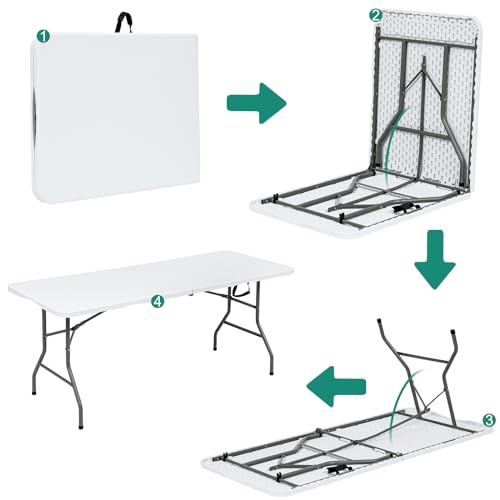 SKONYON Folding Table 6ft Portable Fold-in-Half Plastic Foldable Table for Picnic Party Dining Camp with Carrying Handle, White