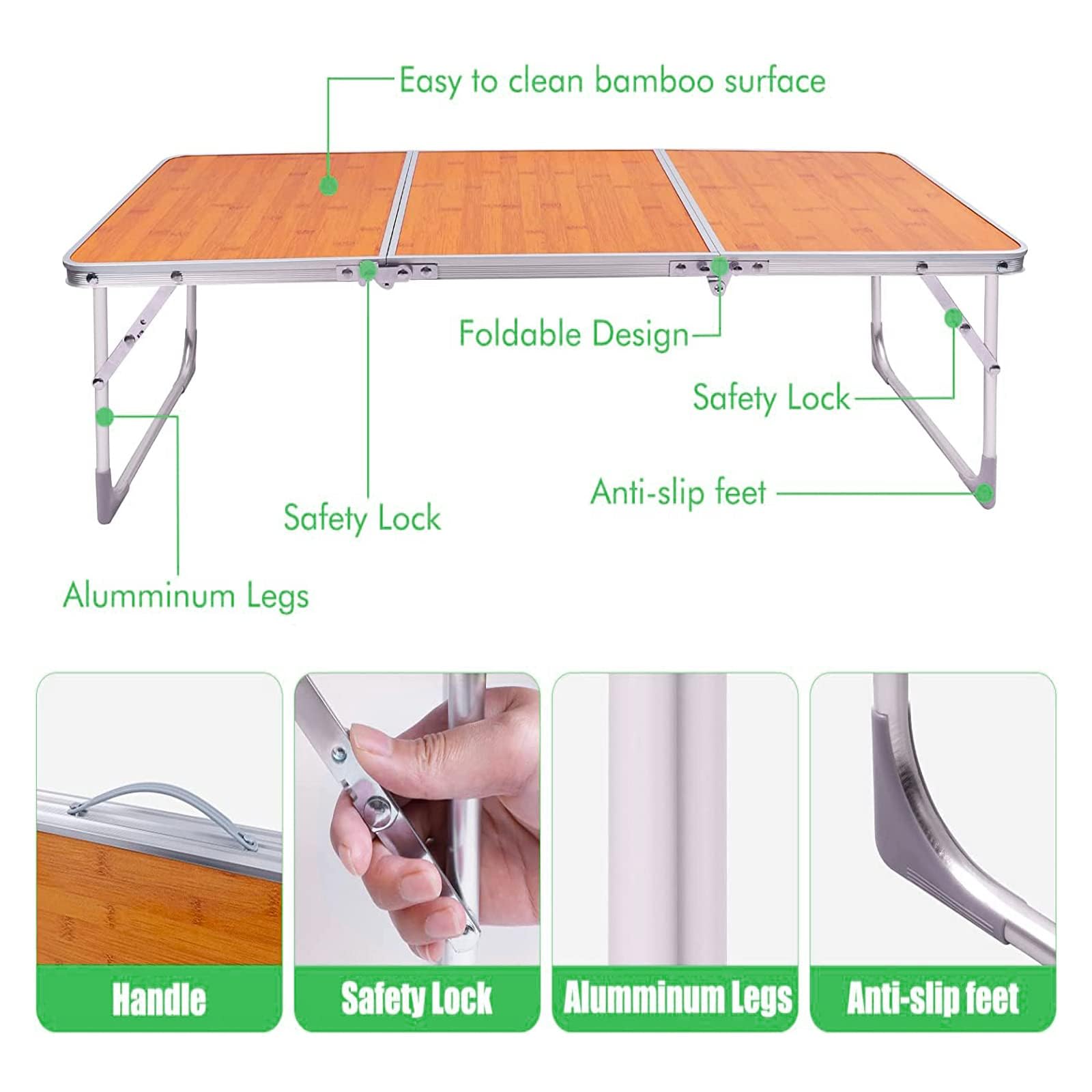 LJMBOEN Folding Camping Table,Portable Picnic Table Foldable Lightweight Outdoor Aluminum Legs,3 Fold Beach Table Carrying Handle for Beach Party Picnic Beach Home Office Cooking