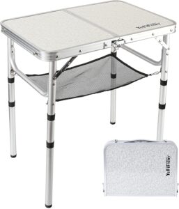 small folding table 2 foot, portable camping table with mesh holders,lightweight aluminum adjustable height, with carry handle for camping picnic indoor outdoor, white 24 x 16 inch (3 heights）