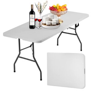 folding table 6 foot indoor outdoor heavy duty plastic portable fold up table utility camping dining party table, easy to assemble, white