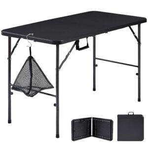 vecelo folding table 4 foot portable heavy duty plastic, easy to storage, with carrying handle & mesh bag for indoor, outdoor card, picnic, camping, party, 1 piece, black