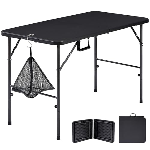 VECELO Folding Table 4 Foot Portable Heavy Duty Plastic, Easy to Storage, with Carrying Handle & Mesh Bag for Indoor, Outdoor Card, Picnic, Camping, Party, 1 Piece, Black