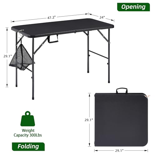 VECELO Folding Table 4 Foot Portable Heavy Duty Plastic, Easy to Storage, with Carrying Handle & Mesh Bag for Indoor, Outdoor Card, Picnic, Camping, Party, 1 Piece, Black