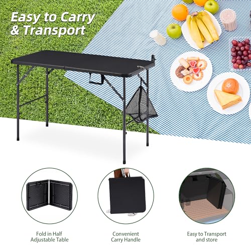 VECELO Folding Table 4 Foot Portable Heavy Duty Plastic, Easy to Storage, with Carrying Handle & Mesh Bag for Indoor, Outdoor Card, Picnic, Camping, Party, 1 Piece, Black