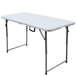 plastic development group 4 foot long bi foldable utility garage sale event or dining banquet multipurpose folding table with carrying handle, white