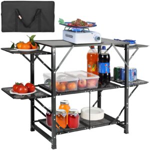 vevor camping kitchen table, aluminum folding portable outdoor cook station with 4 iron side, 2 shelves & carrying bag, quick installation for picnic bbq beach traveling