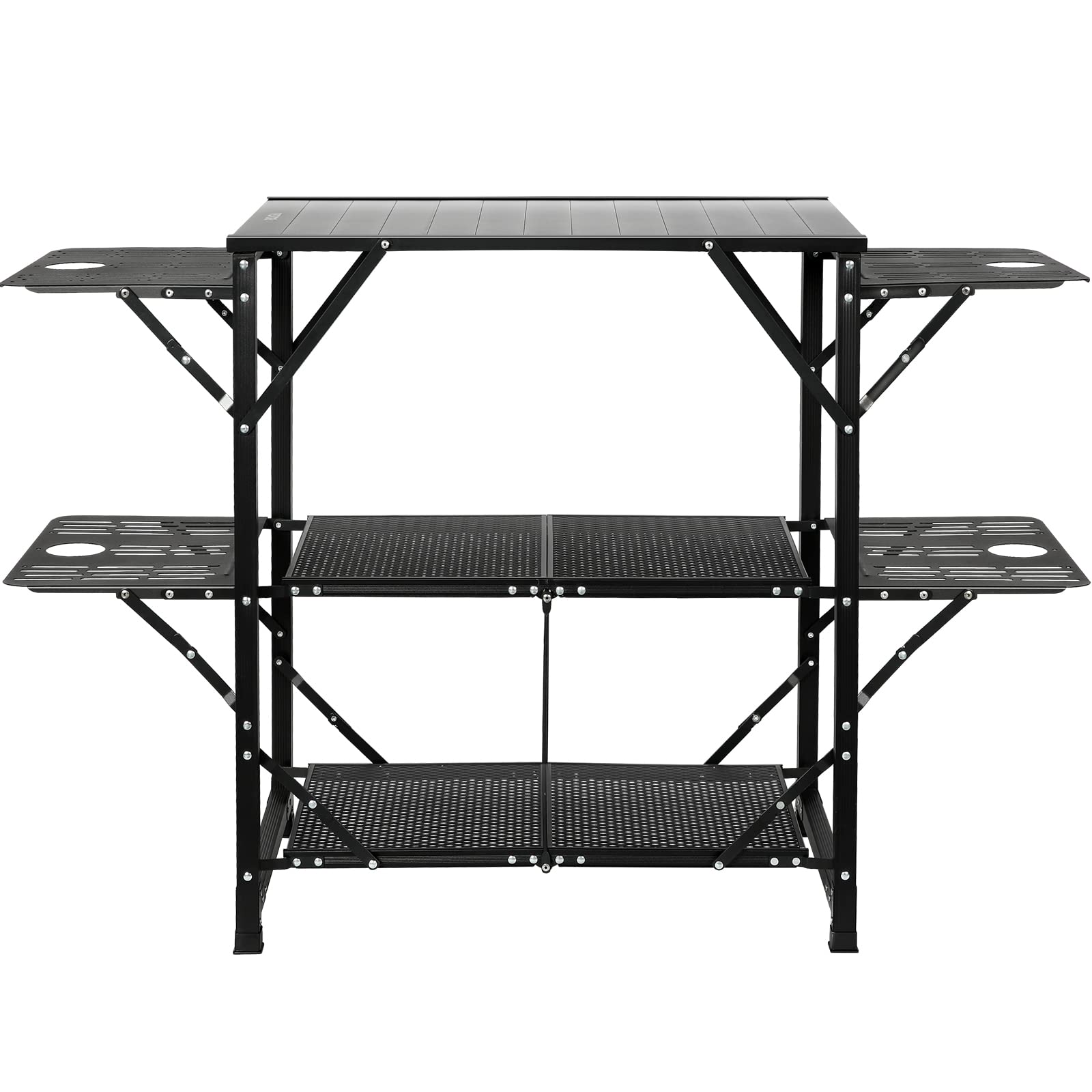 VEVOR Camping Kitchen Table, Aluminum Folding Portable Outdoor Cook Station with 4 Iron Side, 2 Shelves & Carrying Bag, Quick Installation for Picnic BBQ Beach Traveling