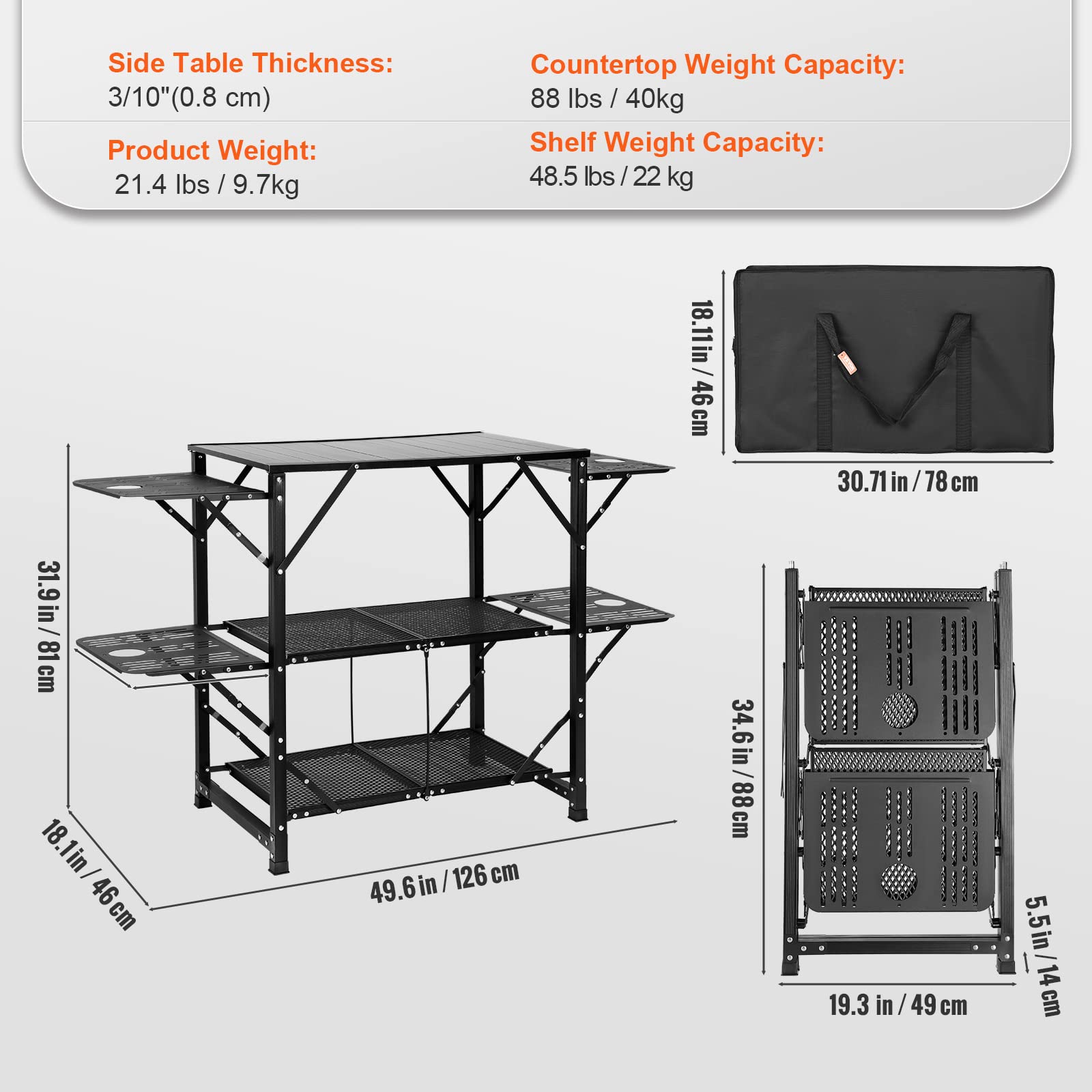 VEVOR Camping Kitchen Table, Aluminum Folding Portable Outdoor Cook Station with 4 Iron Side, 2 Shelves & Carrying Bag, Quick Installation for Picnic BBQ Beach Traveling