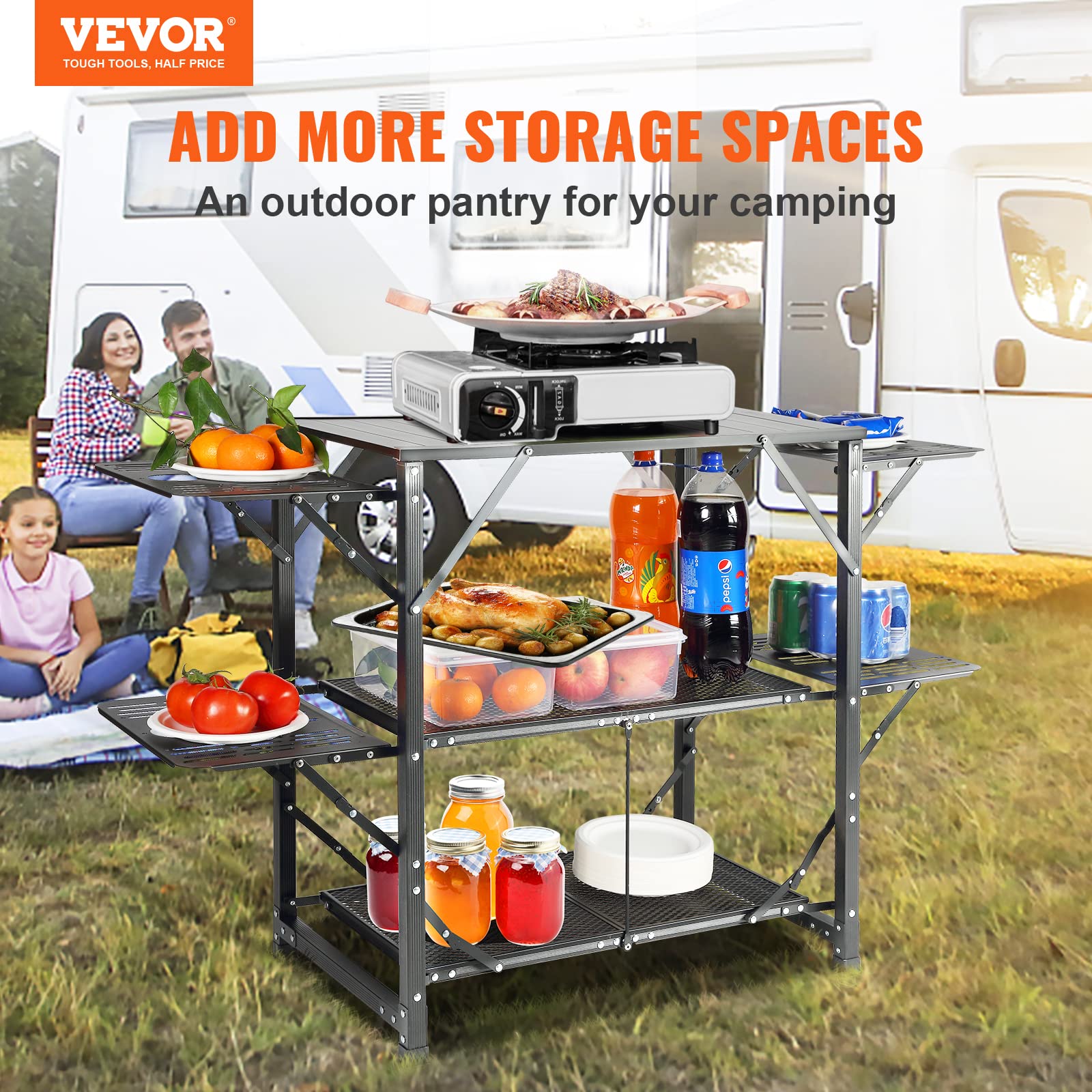 VEVOR Camping Kitchen Table, Aluminum Folding Portable Outdoor Cook Station with 4 Iron Side, 2 Shelves & Carrying Bag, Quick Installation for Picnic BBQ Beach Traveling