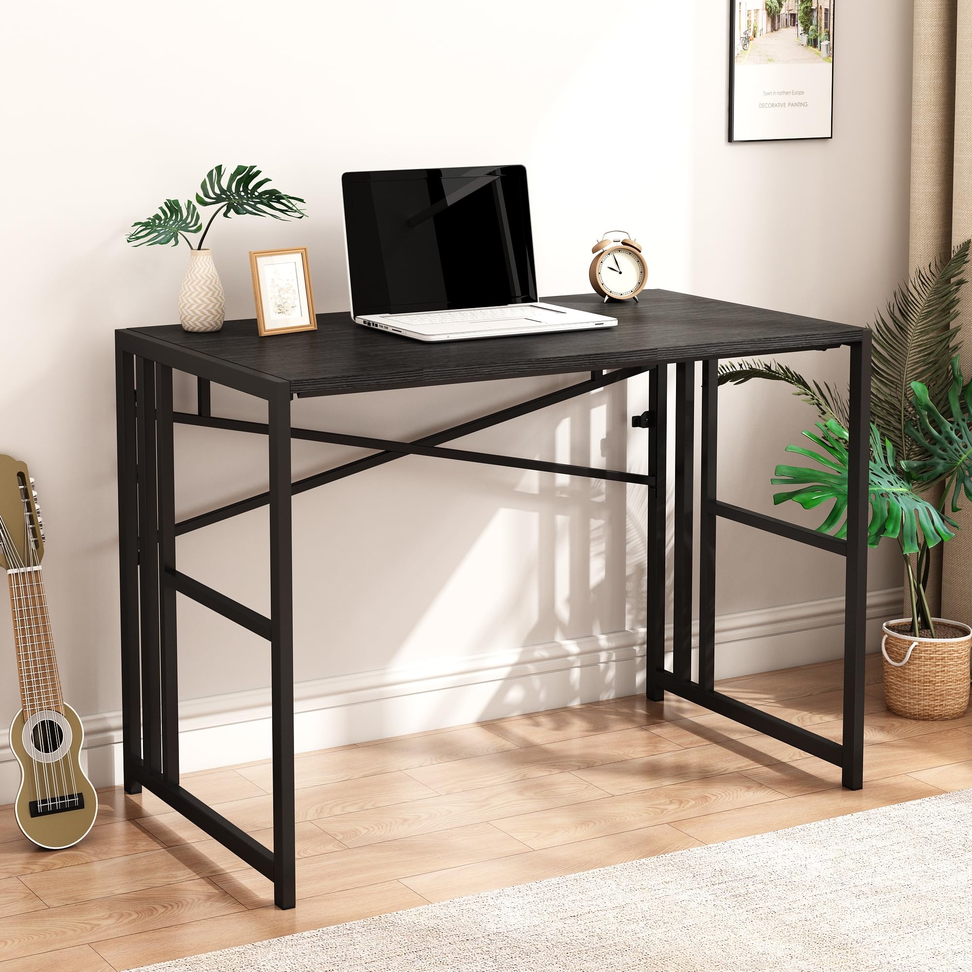 HOBINCHE Folding Small Computer Desk, Foldable Space-Saving Home Office Table, Simple Study Writing Gaming Workstation for Small Space, No Assembly Needed, Black