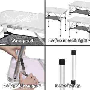 MYCOQU Small Folding Camping Table, 3 Heights Adjustable Portable Folding Camp Table, 2Ft 24''L x 16''W Aluminum Foldable Picnic Table with Mesh Layer, White Folding Table for Outdoor Indoor Beach BBQ