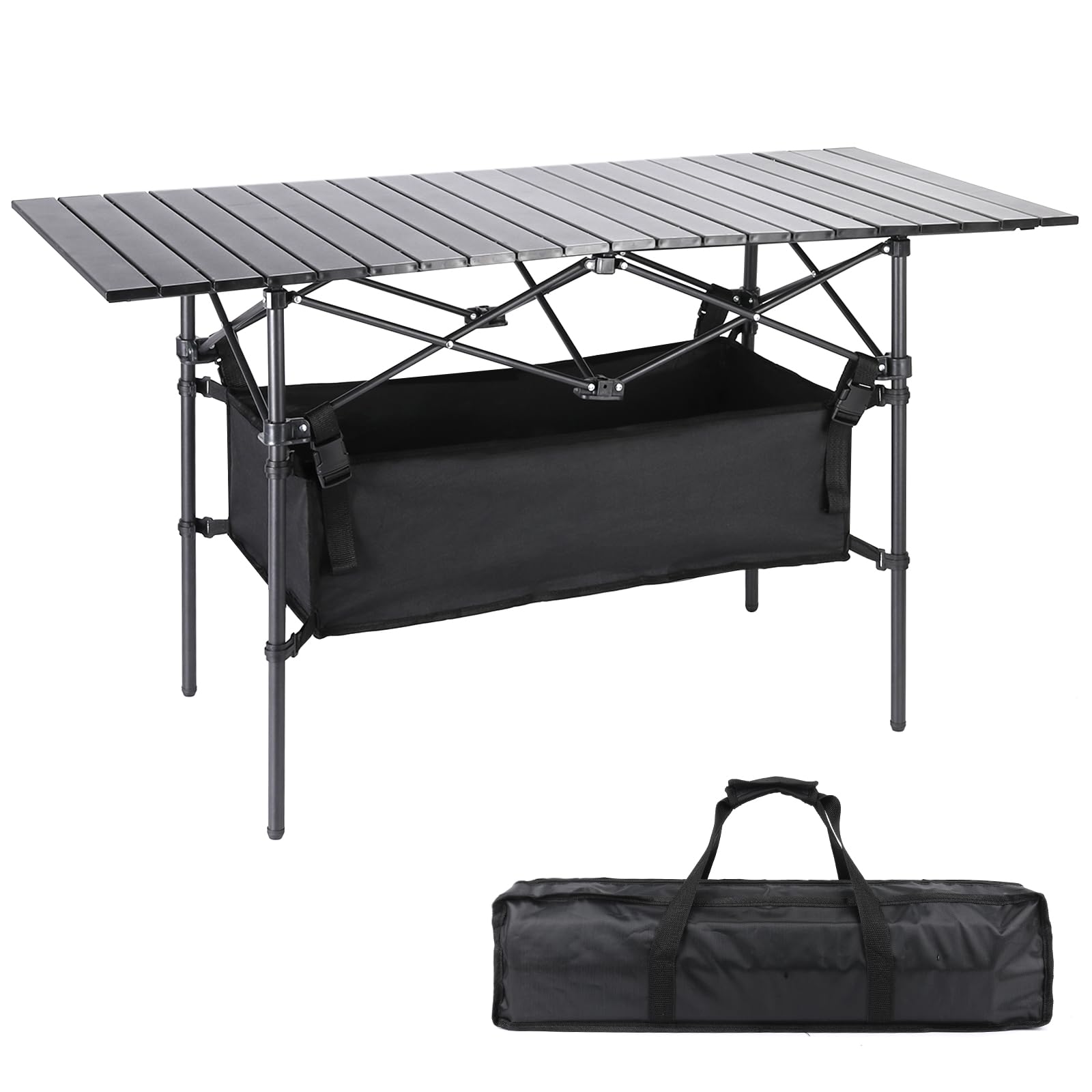 Moosinily Camping Table 4Ft Folding Table with 54 L Storage Bag Tighten Band Folding Picnic Table Aluminum Roll up Table Folding Camp Table for Outdoor Beach Grill BBQ Travel Black