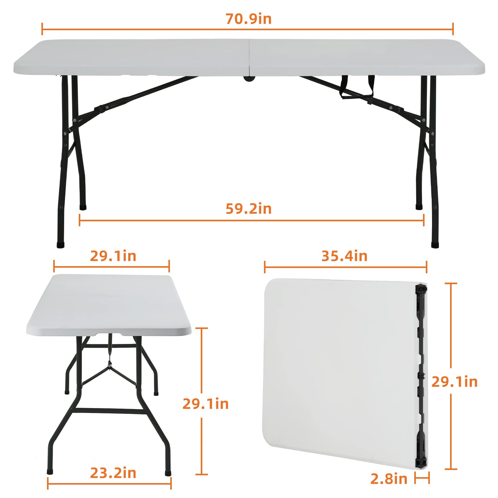 Hkeli 6 FT Folding Table Heavy Duty Plastic Indoor Outdoor Portable Fold Up Party Dining Table Utility Camping Table Hold Up to 500 LBS White