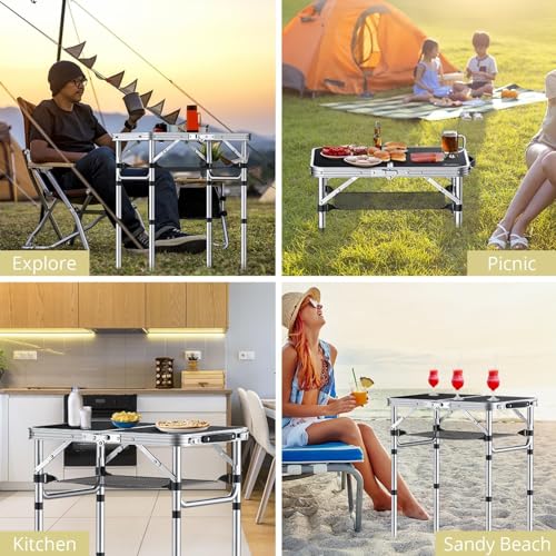 Anbte Folding Camping Table, Aluminum 24" x 16" Adjustable Height Small folding table with Carrying Handle, Lightweight, Portable Camping Table Waterproof for Outdoor Indoor Picnic Beach BBQ (Black)