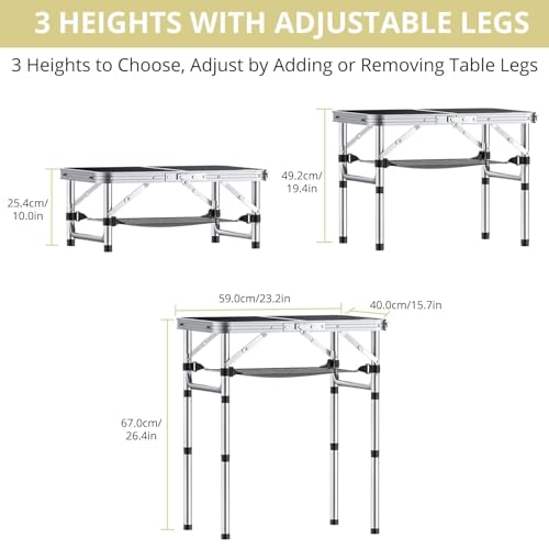 Anbte Folding Camping Table, Aluminum 24" x 16" Adjustable Height Small folding table with Carrying Handle, Lightweight, Portable Camping Table Waterproof for Outdoor Indoor Picnic Beach BBQ (Black)