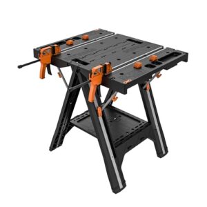 worx pegasus 2-in-1 folding work table & sawhorse, easy setup portable workbench, 31" w x 25" d x 32" h lightweight worktable with heavy-duty load capacity, wx051 - includes 2 clamps & 4 clamp dogs