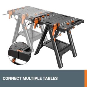 Worx Pegasus 2-in-1 Folding Work Table & Sawhorse, Easy Setup Portable Workbench, 31" W x 25" D x 32" H Lightweight Worktable with Heavy-Duty Load Capacity, WX051 - includes 2 Clamps & 4 Clamp Dogs