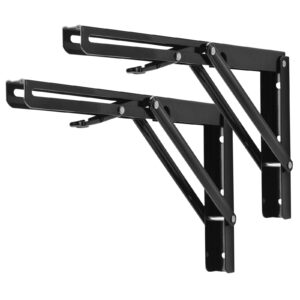 yumore folding shelf bracket heavy duty, 12 inch collapsible shelf bracket, black diy l bracket for workbench folding table hinge, max load: 330lbs, 2 pack