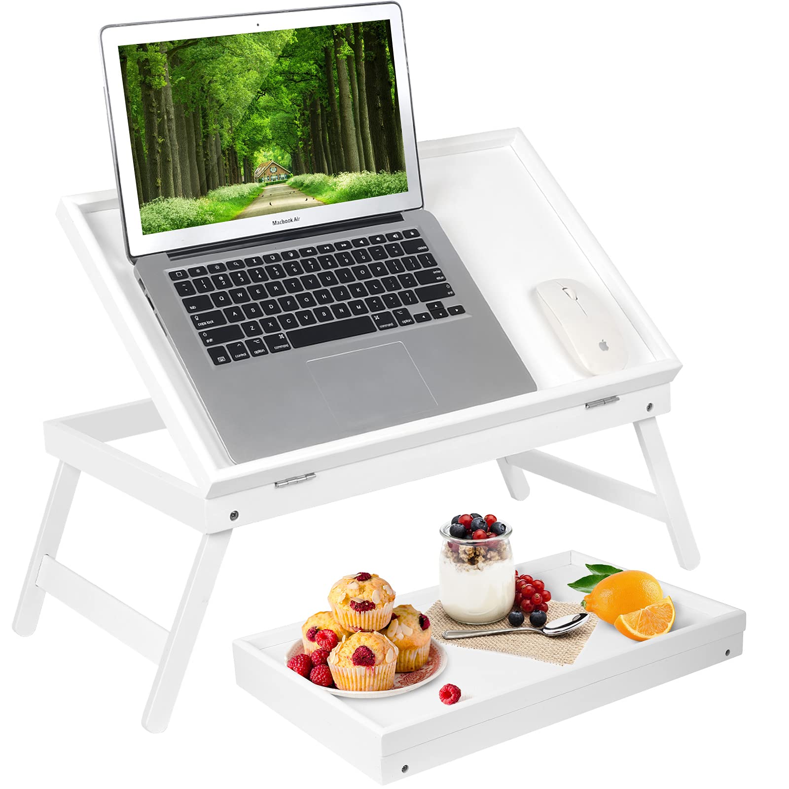 Bed Tray Table Breakfast Tray with Folding Legs Kitchen Food Serving Tray for Notebook Computer Bed Platters Lap Desk Snack Tray（White)