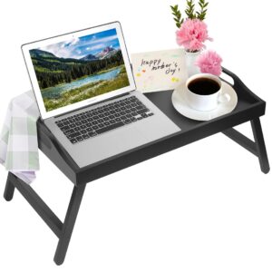 bed tray table with handles folding legs bamboo breakfast tray with phone tablet holder,foldable breakfast table, laptop desk(black)