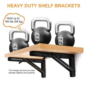 Folding Shelf Brackets - Heavy Duty Metal Collapsible Shelf Bracket for Bench Table, Shelf Hinge Wall Mounted Space Saving DIY Bracket, Max Load: 150 lb 2 PCS (14 Inch, Black)