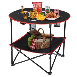 camping table portable folding camping side table for outdoor picnic, beach, games, camp, & patio tables folding with 4 cup holders & carry case for travel & storage, premium 600d canvas& steel frame