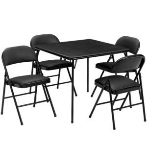 VECELO Folding Table & 4 Padded Chairs Portable & No Assembly Required, 5 Piece Set, BLK