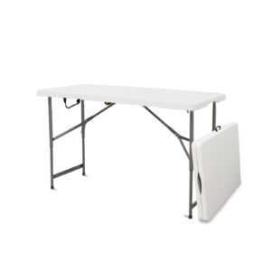 ajp distributors 4 foot portable plastic folding table 4ft 48" half foldable heavy duty top w/carry handle - indoor outdoor backyard camping picnic bbq party wedding dining office event meeting white