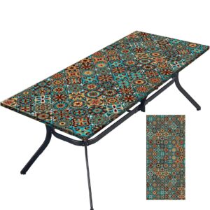 aihonmin tablecloth for folding table, waterproof picnic table cover fitted table covers for 6 foot tables, elastic rim plastic table cover for picnic, camping, indoor, outdoor boho(30 x 72 inches)