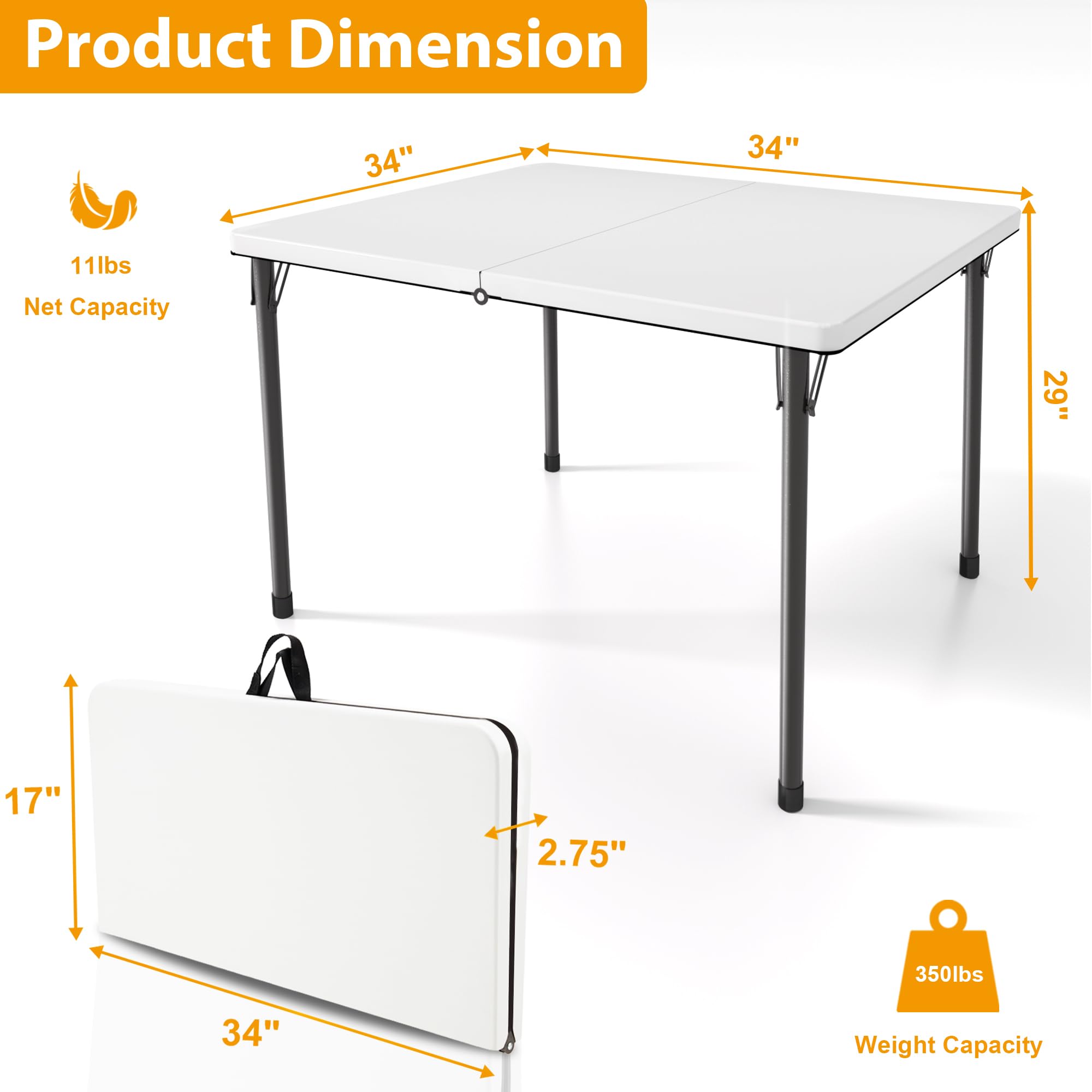 Kasunpul 34" Folding Table, Portable Square Folding Card Table with Collapsible Legs & Carrying Handle, Plastic Tables for Camping,Picnic, Office, Party, White