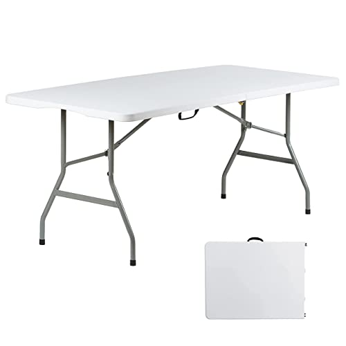 Go-Trio 6 Foot Folding Table 6ft Portable Plastic Tables for Party, Fold-in-Half Foldable Heavy Duty Table, 6’Utility Dining Card Long Table, Indoor Outdoor Folded up for Picnic, Camping, White, Large