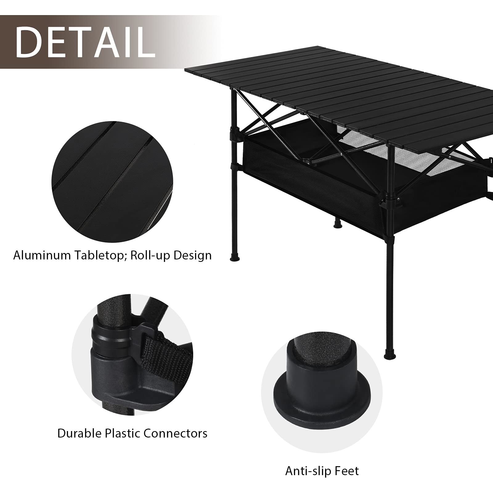 LIANTRAL Camping Table, Portable Aluminum Roll-up Picnic Backpacking Table with Mesh Storage Bag, 46.5” x 26.8” x 21.7”, Black