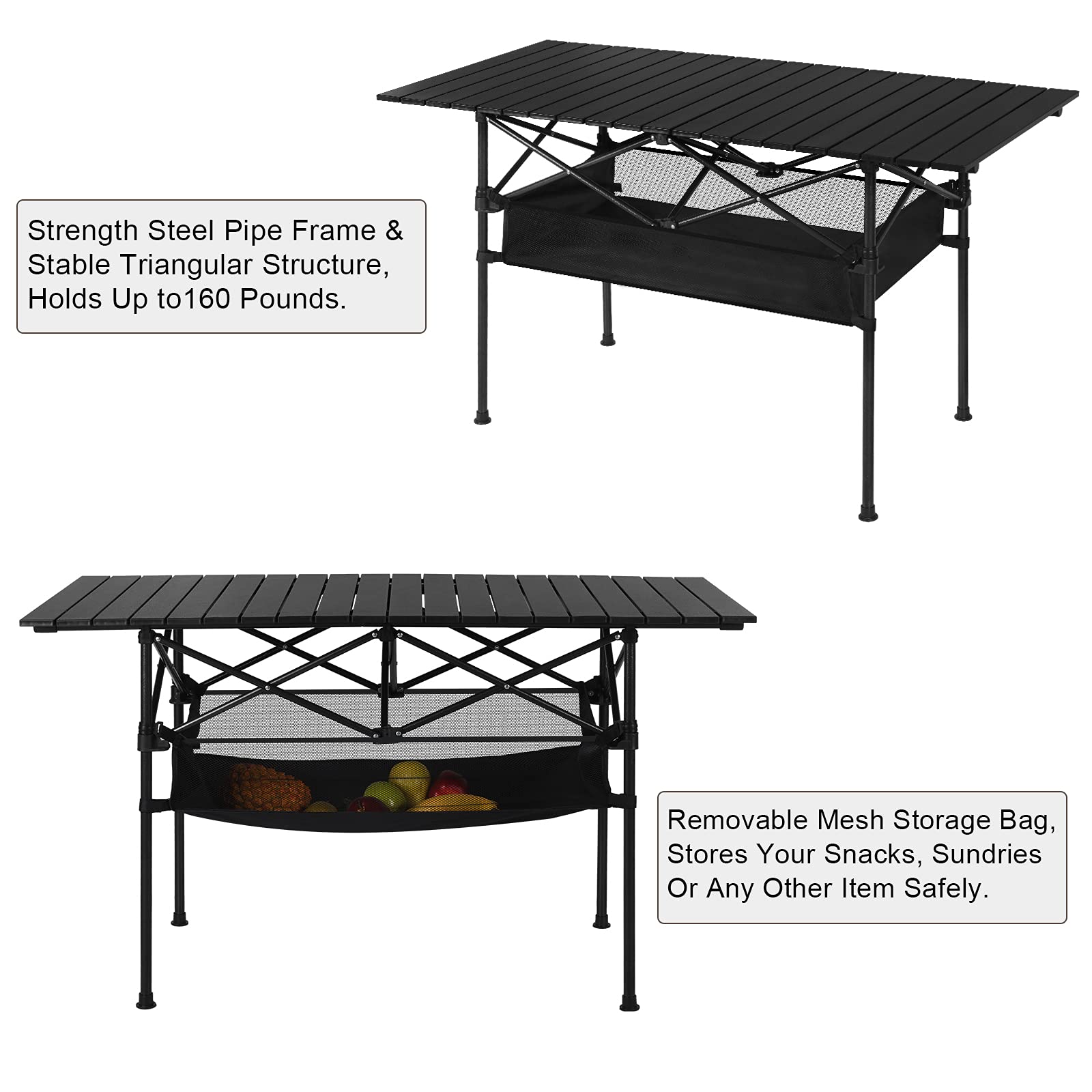 LIANTRAL Camping Table, Portable Aluminum Roll-up Picnic Backpacking Table with Mesh Storage Bag, 46.5” x 26.8” x 21.7”, Black