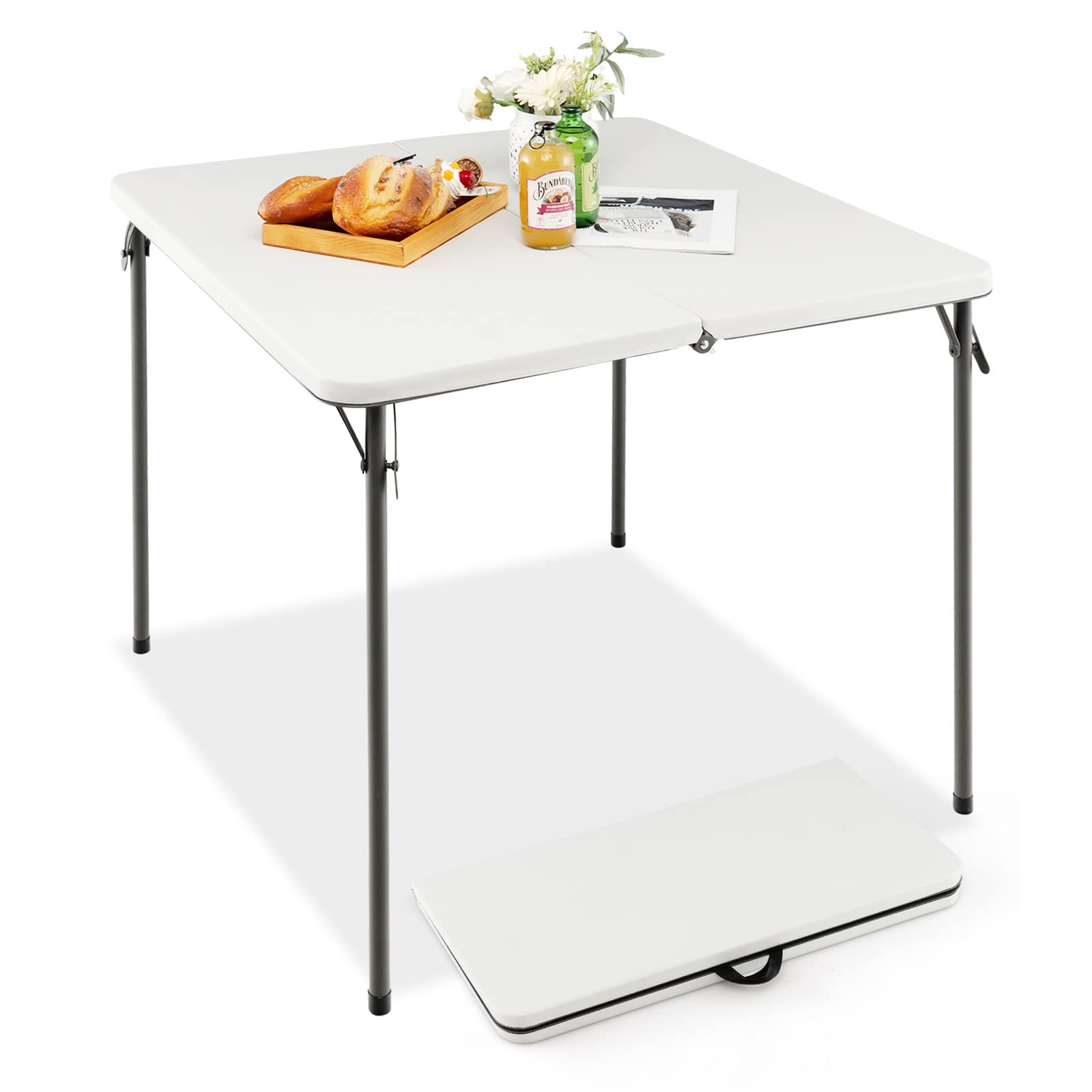 Giantex Portable Folding Table, Foldable Picnic Table with All-Weather HDPE Tabletop, Metal Frame & Carry Straps, Heavy Duty Outdoor Camping Table, Lightweight Card Table for Beach, BBQ, Party (White)