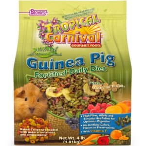 f.m. brown's tropical carnival, natural guinea pig food, vitamin-nutrient fortified daily diet with vitamin c and high fiber alfalfa and timothy hay pellets for optimum digestion, 4 lb