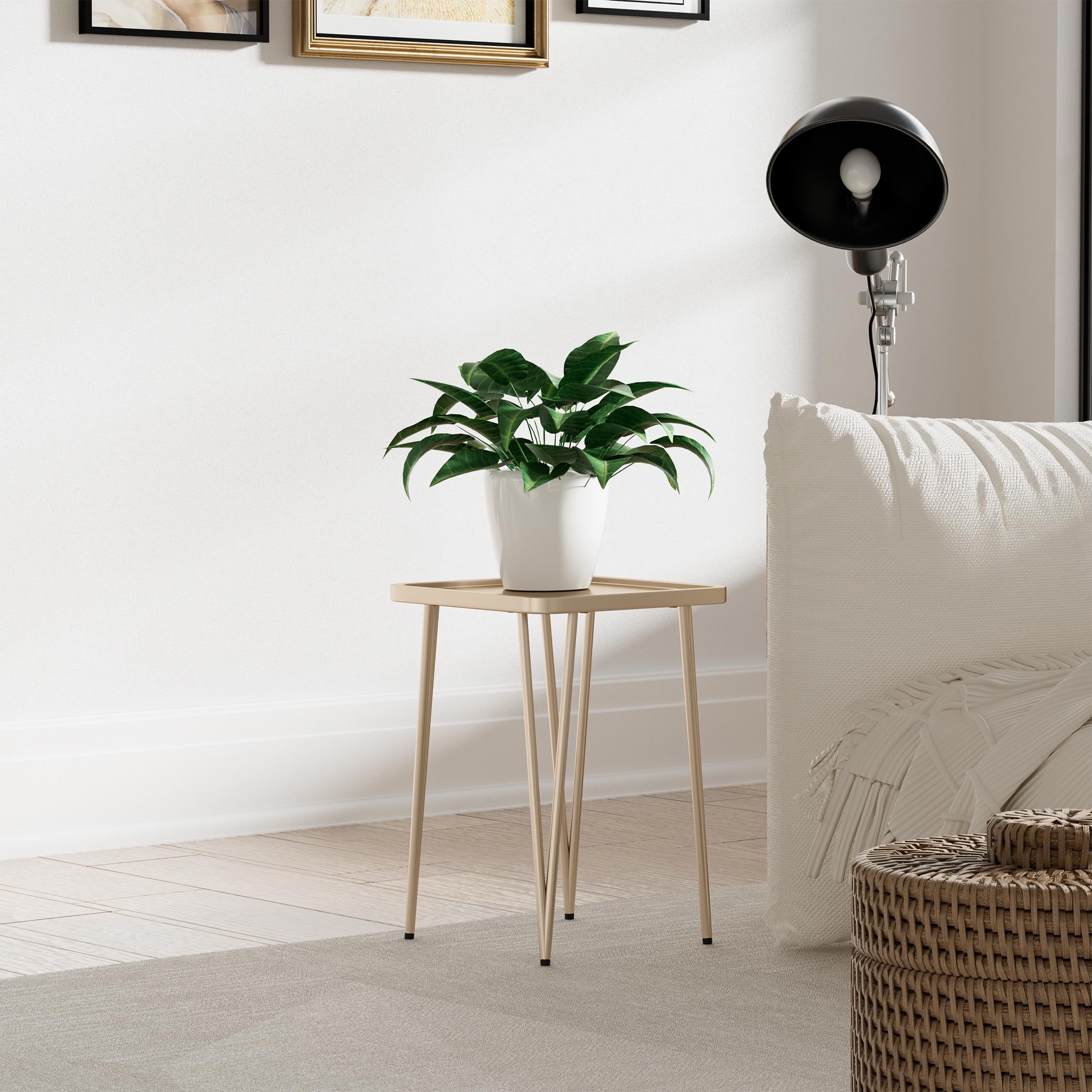 Palama Square Side Table, Small Side Table for Small Spaces, Small Metal End Table, Easy Assembly Champagne Gold Bedside Table, Small Table Outoor, Single Plant Stand Indoor