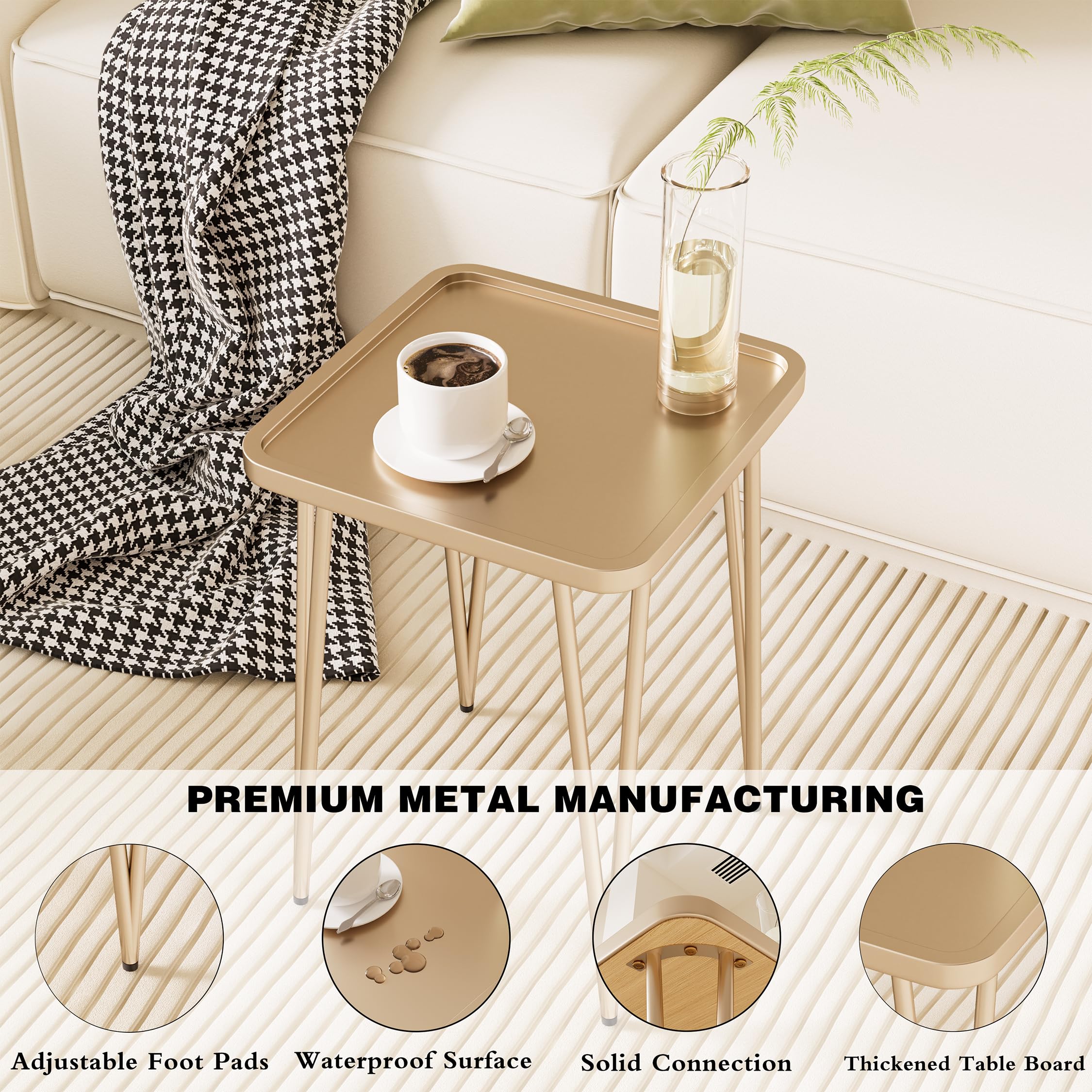 Palama Square Side Table, Small Side Table for Small Spaces, Small Metal End Table, Easy Assembly Champagne Gold Bedside Table, Small Table Outoor, Single Plant Stand Indoor